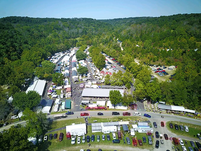 The aerial view reveals just how massive this treasure-hunting paradise really becomes on weekends.