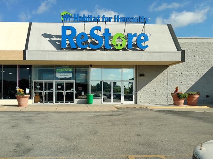Sunlight gleams off the Habitat ReStore entrance—where your bargain hunting helps build homes for others.