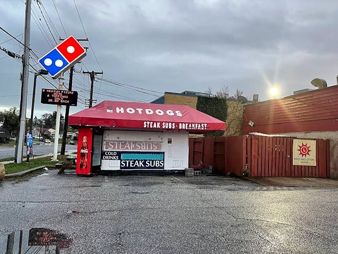 The bold red awning proudly announces "HOTDOGS" to passing cars – sometimes the simplest advertising speaks the loudest to hungry stomachs.