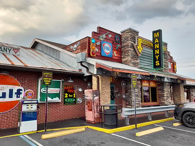 Those vintage gas station signs aren't just decoration – they're a promise that this place is fueled by good old-fashioned flavor.