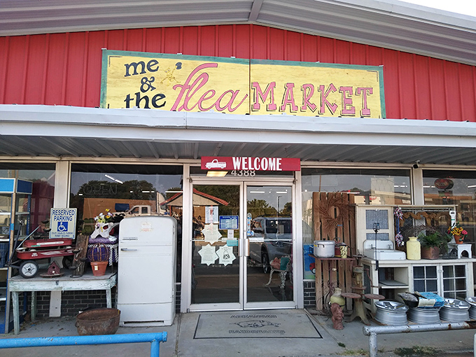 Welcome to flea market paradise, where vintage refrigerators greet you at the door.