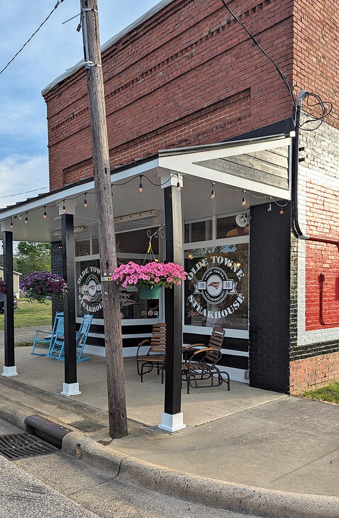 Brick, blooms, and beef – Olde Towne's storefront promises the kind of meal worth driving to Micro for.