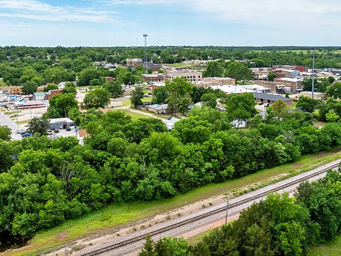 From above, Pawnee nestles among green trees like a hidden gem waiting to be discovered by travelers.