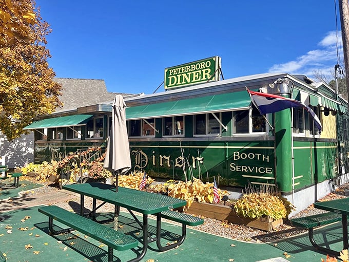 Fall foliage frames the Peterborough Diner perfectly, making it look like it belongs on a New England postcard.