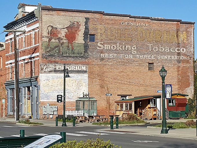Ghost signs whisper tales of bygone eras on these weathered brick walls downtown.