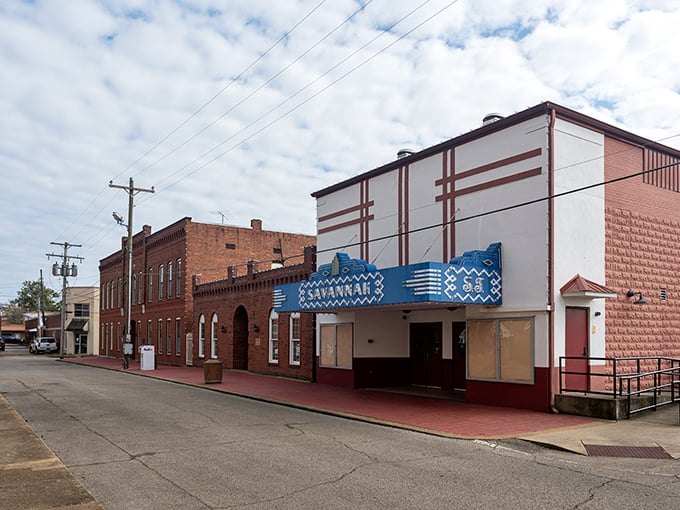 The vintage Savannah Theater stands as a blue beacon of nostalgia on this quiet Tennessee street. Small-town entertainment at its finest!