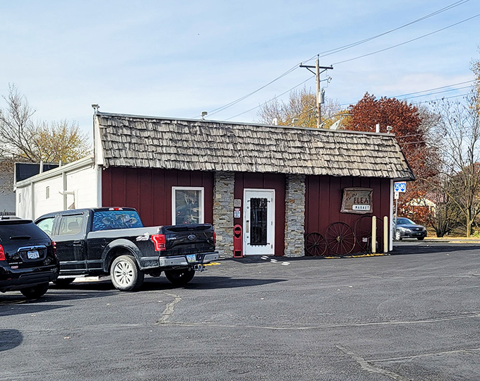 Those decorative wheels outside hint at the vintage wonders spinning tales of yesteryear within these walls.