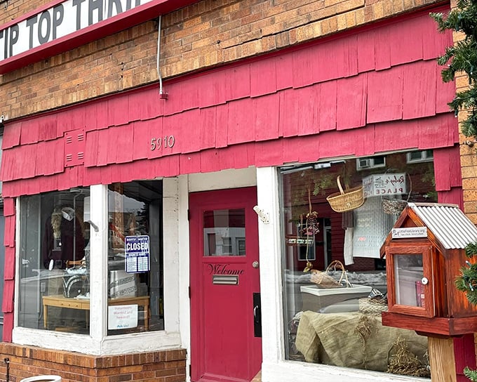 Red awnings and vintage appeal signal that quality treasures await inside this neighborhood thrift gem.