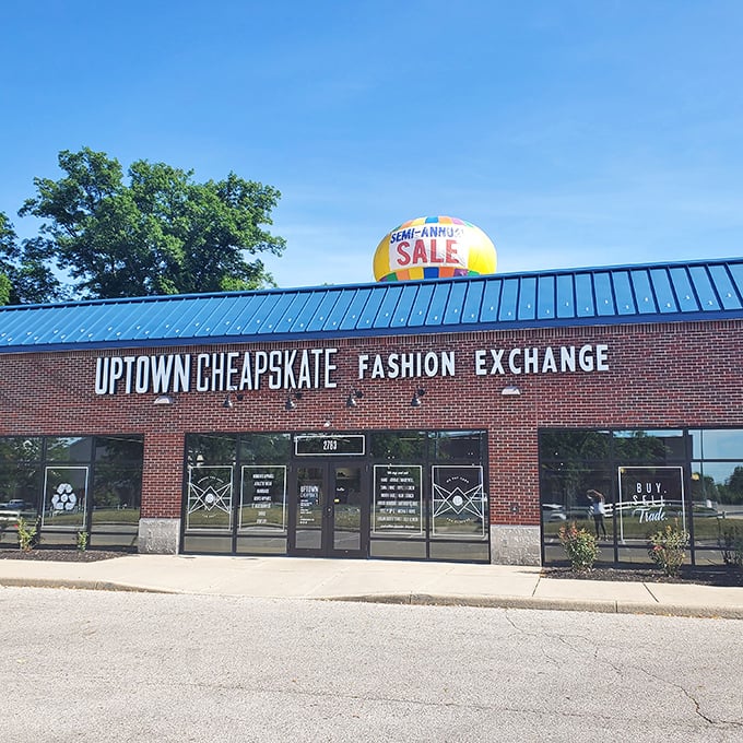 Blue roof, brick facade, and trendy merchandise make this Uptown Cheapskate the fashionista's thrift paradise.