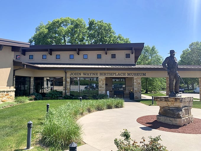 The John Wayne Birthplace Museum celebrates Winterset's famous son with exhibits and a bronze statue of the Hollywood legend.