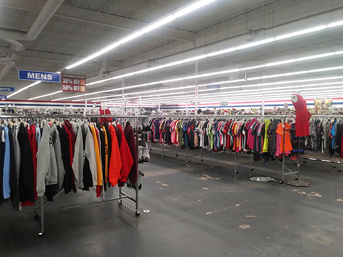 The men's section stands ready for inspection, a regimented army of potential wardrobe upgrades organized with military precision.