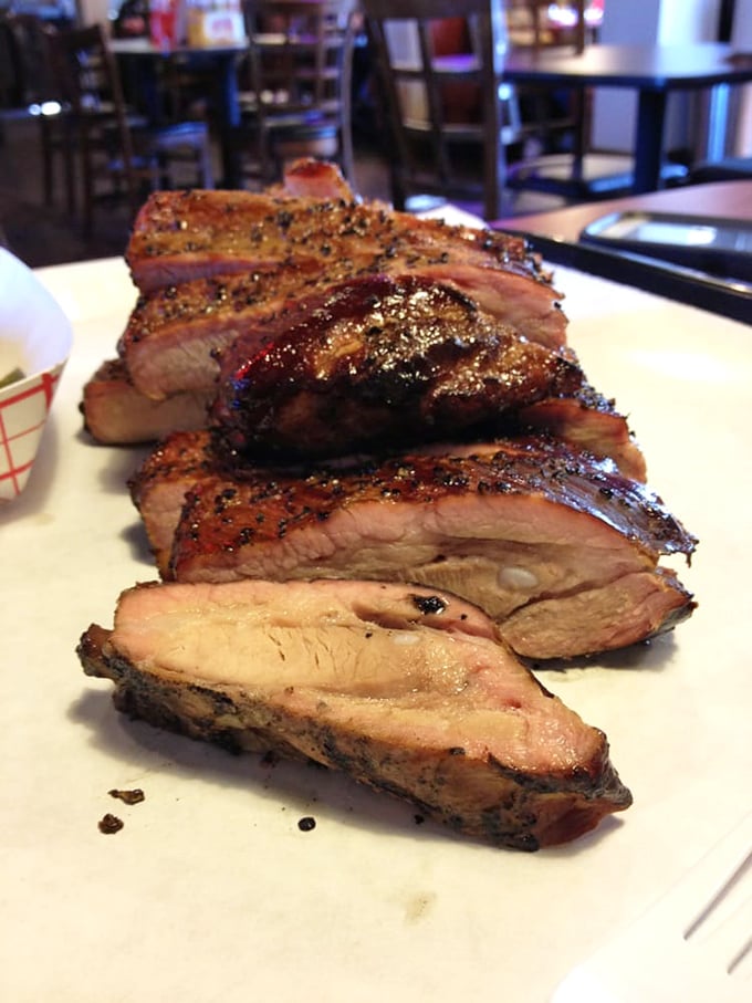 These ribs don't just have a smoke ring – they have a smoke halo. Saints of the smoker, blessed be thy bark.