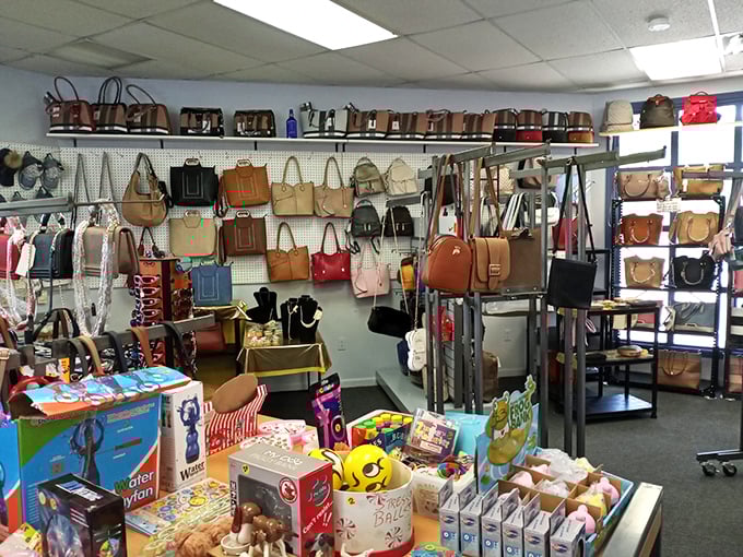 A rainbow of handbags lines the walls like an art installation, proving that sometimes the best accessory shopping happens far from department stores.