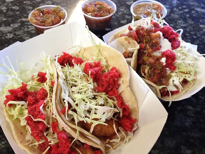 These tacos aren't dressed for the red carpet—they're dressed for your taste buds, with vibrant salsas that sing in perfect harmony.