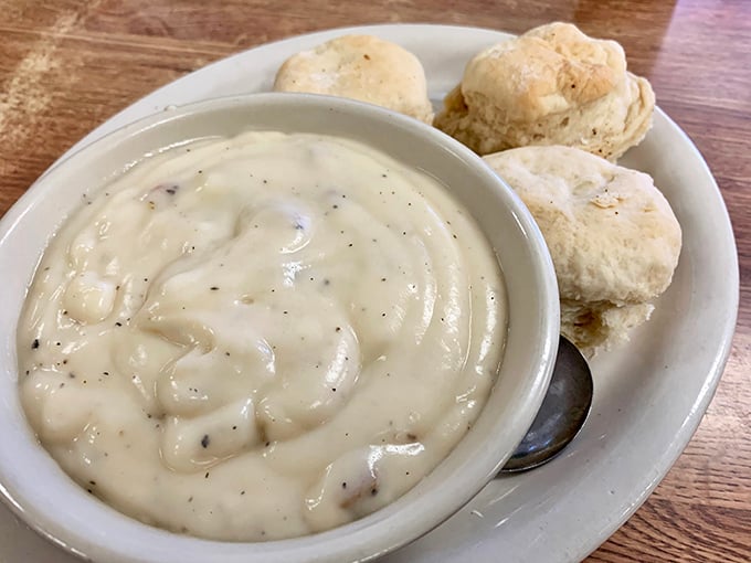 Biscuits and gravy that would make your grandmother both jealous and proud. That pepper-speckled gravy is practically begging to be sopped up with those cloud-like biscuits.