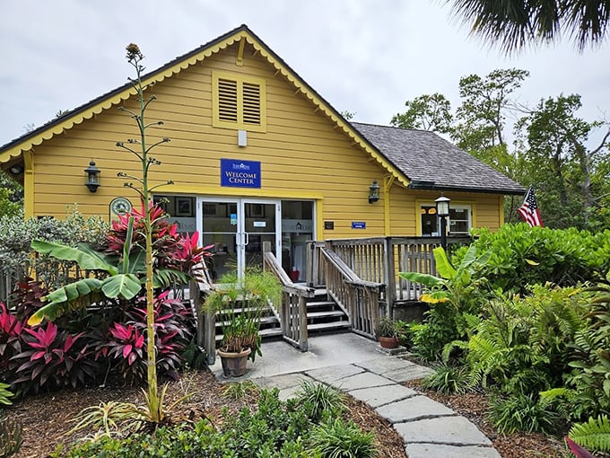 The sunny yellow welcome center greets visitors like a tropical bird perched among the palms, promising adventures beyond its wooden steps.