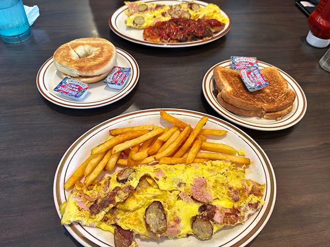 Breakfast spreads like this make you understand why people invented the phrase "worth getting out of bed for." That omelet could feed a small family—or one very determined retiree.