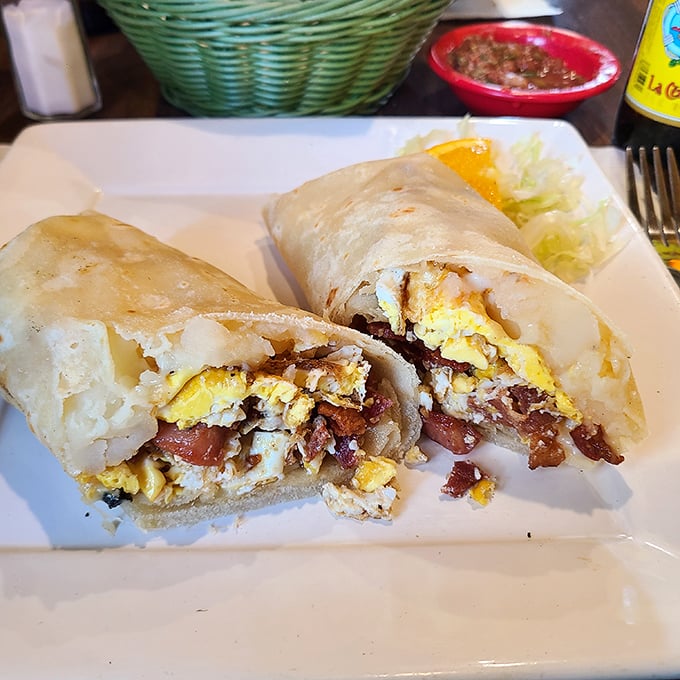 Behold the breakfast burrito that launched a thousand return trips: eggs, chorizo, potatoes, and cheese wrapped in tortilla perfection.
