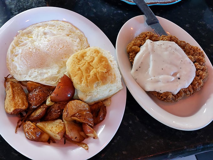 Sunny-side up eggs, golden potatoes, and country-fried steak with gravy—the breakfast equivalent of a warm hug from grandma.