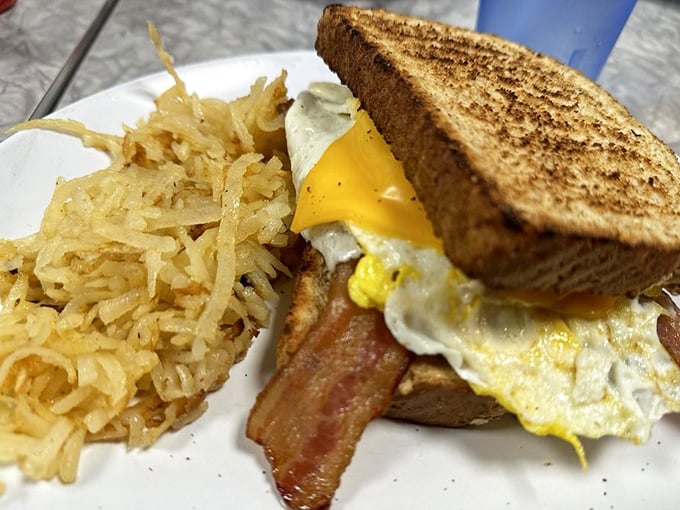 Behold: the breakfast sandwich in its natural habitat, flanked by golden hash browns. This isn't just breakfast—it's edible architecture.