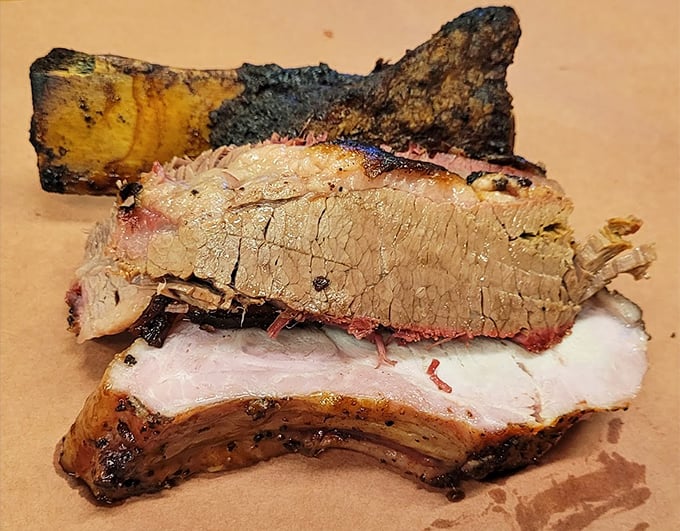 Behold the holy trinity of brisket—bark, smoke ring, and tender meat—a Texas miracle that requires no leap of faith.