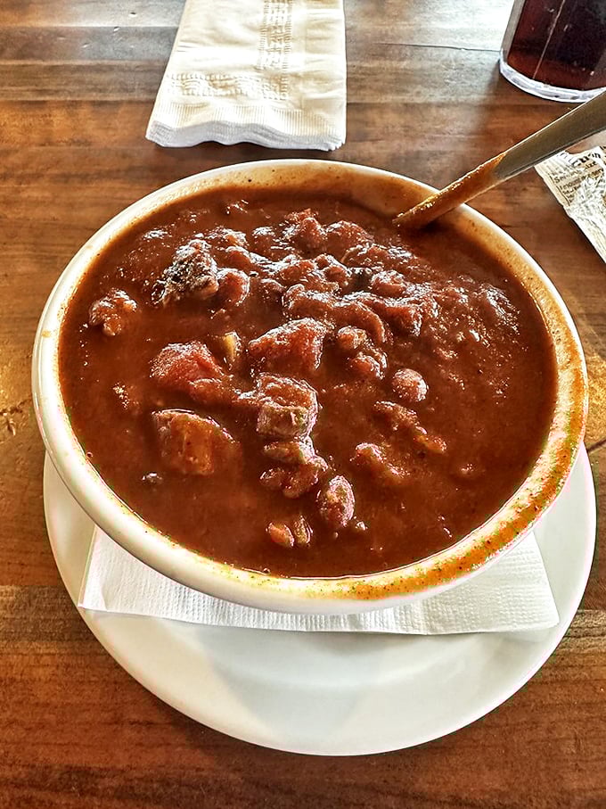 The legendary brisket chili—chunks of smoky beef swimming in a rich, spiced broth that might just change your definition of comfort food.