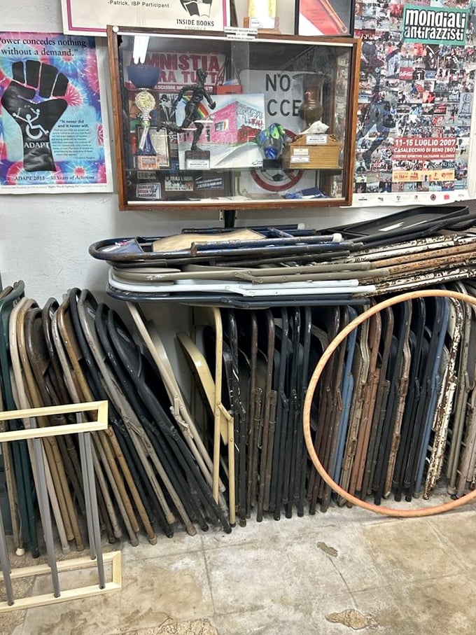 A forest of metal frames stands ready for new homes, while a piano keyboard peeks out, silently asking, "Will you play me again?"