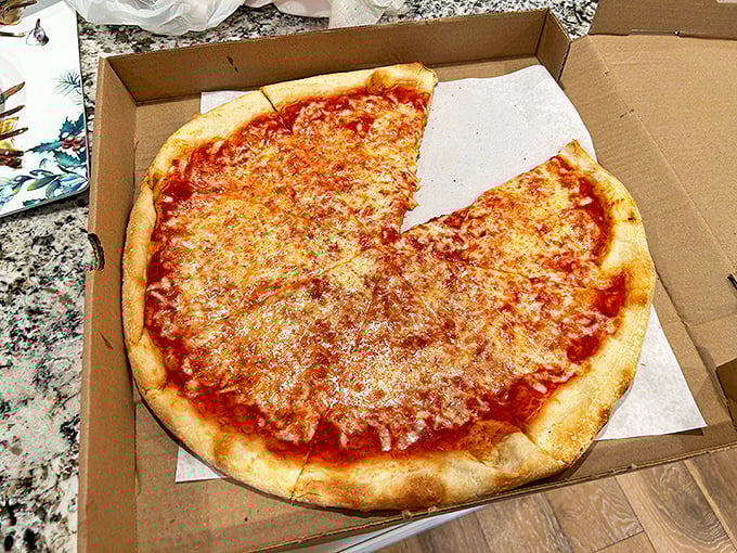 The holy grail of cheese pizza—simple, unpretentious, and absolutely perfect. This is what pizza dreams are made of, folks.