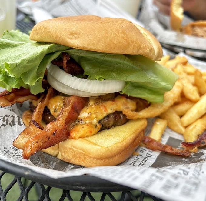This isn't just a burger—it's edible architecture where every layer plays its part perfectly in the delicious symphony.