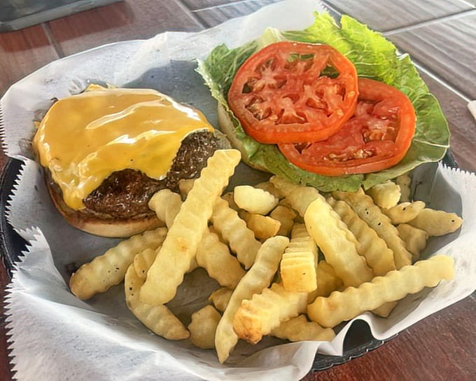 Behold the star of our story! This cheeseburger doesn't need a fancy pedigree to prove its worth—just one bite tells you why locals keep coming back.