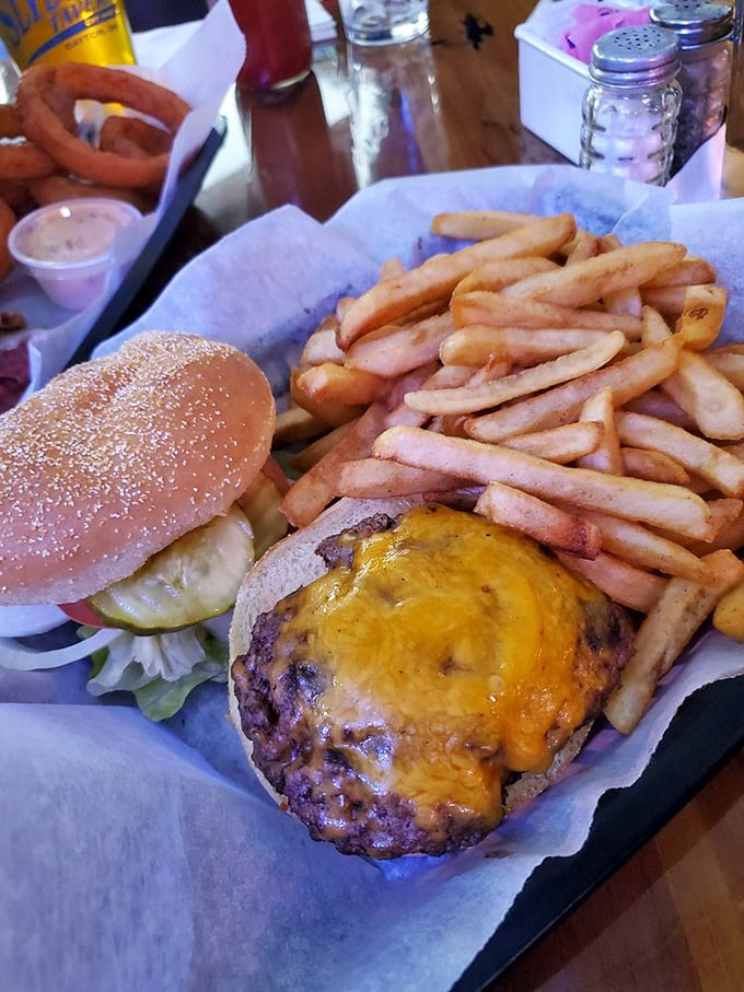 Behold the star of the show: a perfectly melted cheese blanket draped over a substantial patty, with a mountain of golden fries standing guard.