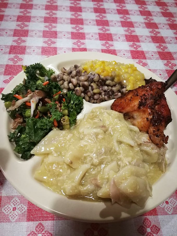 Southern cooking's greatest hits on one plate: chicken, black-eyed peas, greens, and creamed corn—a quartet that performs better than the Beatles.