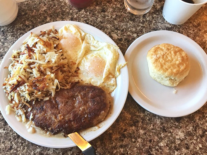 Chicken fried steak with crispy edges and country gravy—the breakfast equivalent of getting an unexpected tax refund.