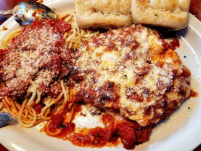 Behold the legendary Chicken Salerno in all its glory – a masterpiece of tender chicken, tangy sauce, and pasta that captures hearts.
