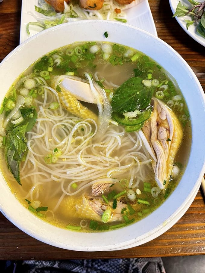 A bowl of chicken pho that's practically singing with fresh herbs and delicate broth—proof that sometimes the simplest pleasures are the most profound.