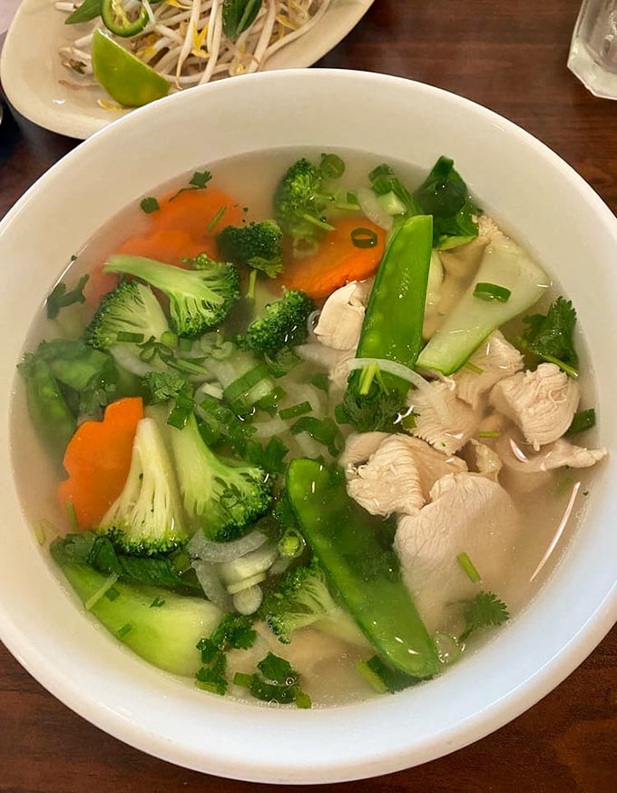 A bowl of chicken pho that's worth crossing county lines for. Clear broth, tender meat, and vegetables dancing in perfect harmony.