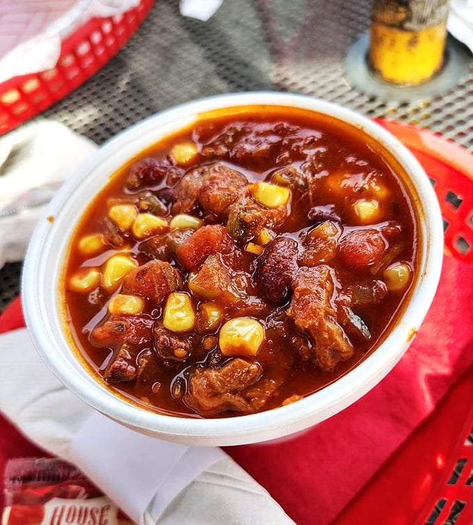 This isn't just chili—it's a smoky, meaty revelation studded with corn kernels and beans that would make Texas tip its hat in respect.