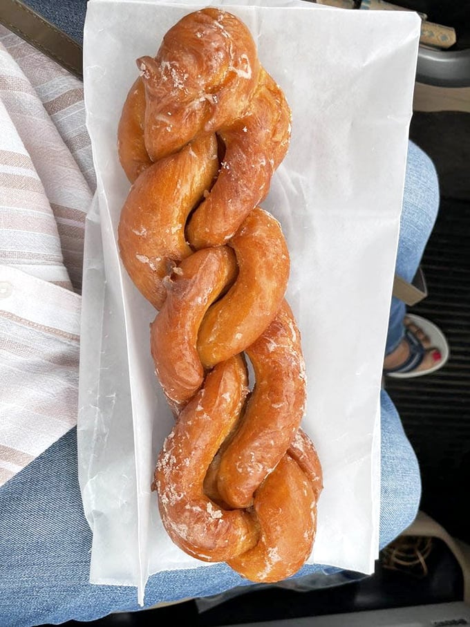 Behold the cinnamon twist in all its braided glory! This isn't just fried dough—it's a carbohydrate masterpiece worthy of its own museum exhibit.