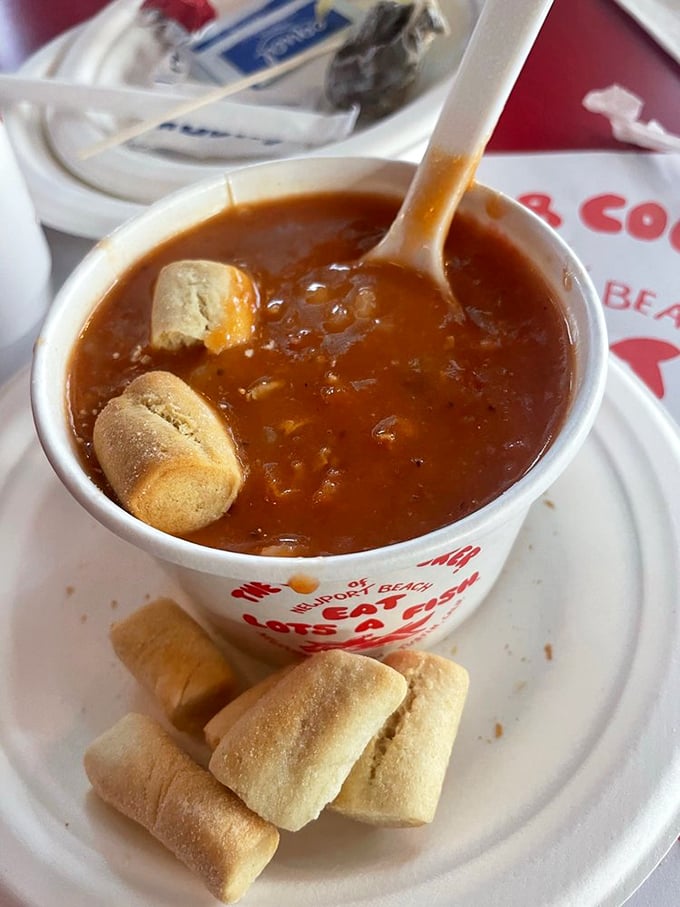 Manhattan clam chowder in a paper cup – proof that perfection doesn't need fancy china.