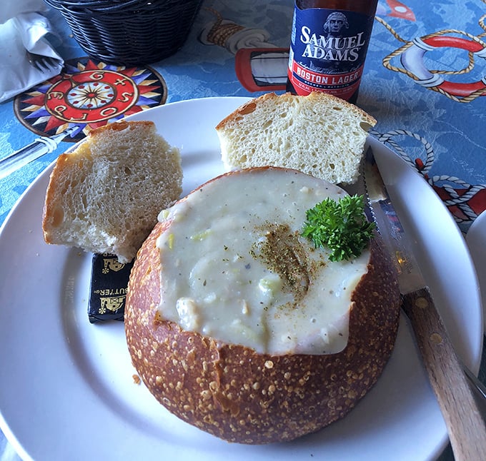 Clam chowder served in a sourdough bread bowl—where the container is as delicious as what's inside. The ultimate California coastal comfort in edible form.