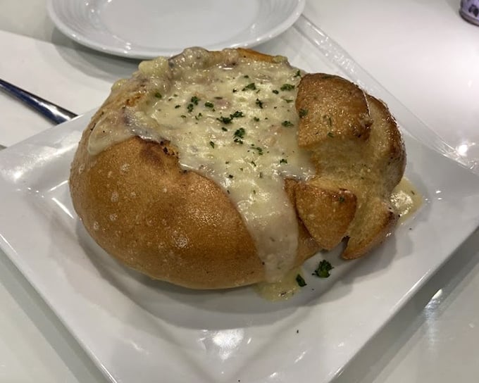 This bread bowl isn't just comfort food—it's a warm hug in edible form. Creamy chowder meets crusty sourdough in perfect harmony.