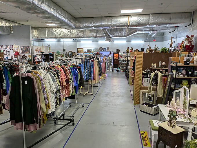 Racks upon racks of vintage clothing stand like a timeline of fashion history—each garment waiting for its second act.