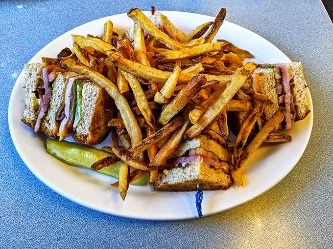 Not just a sandwich, but a towering achievement in lunch architecture—crispy fries, perfectly toasted bread, and that pickle spear standing guard.