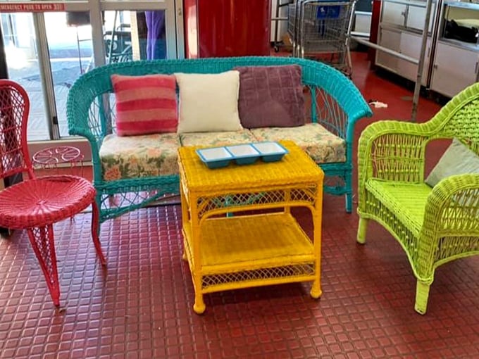 Wicker paradise in technicolor! This outdoor furniture set proves that thrifting isn't just about savings—it's about finding your next conversation starter.