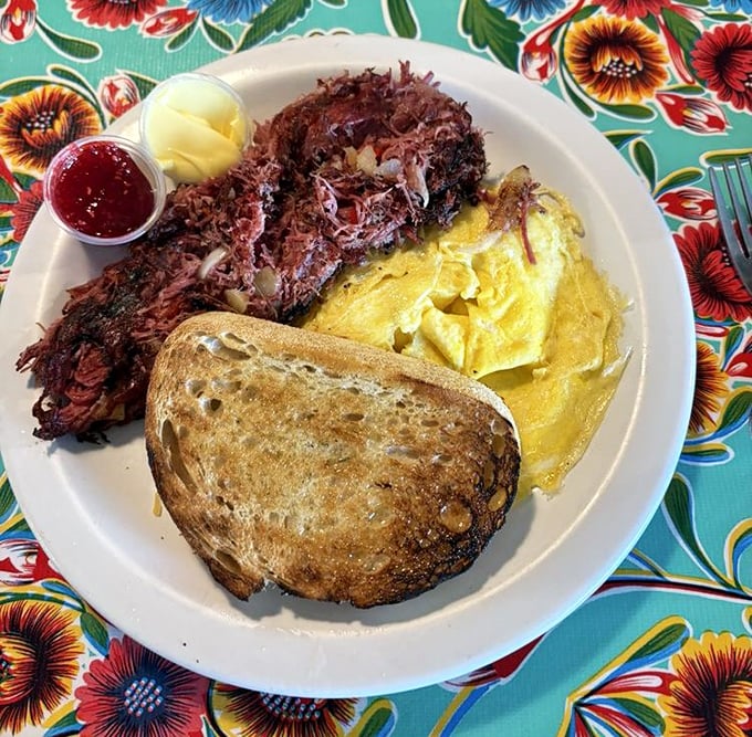 Behold the legendary corned beef hash—chunky, caramelized perfection that makes you wonder if you've ever actually had real hash before.