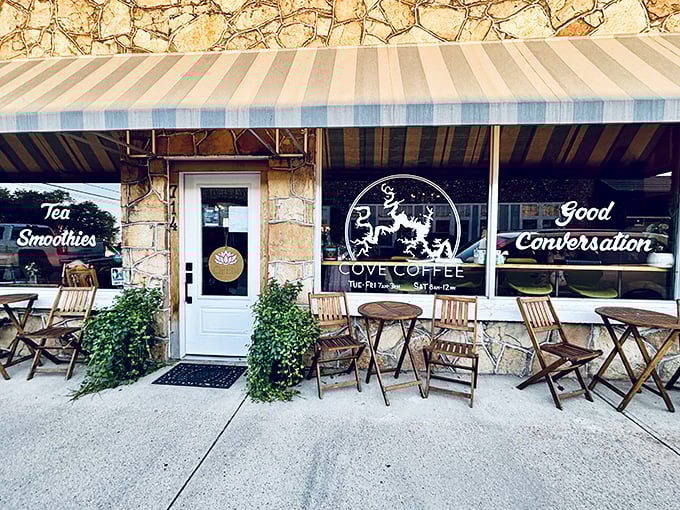 Cove Coffee promises "Good Conversation" right on the window—the unofficial currency of small-town living alongside excellent espresso.