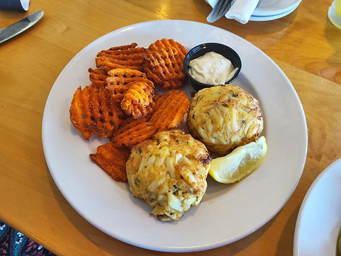 Golden-broiled crab cakes with waffle fries – because sometimes perfection comes in the simplest, most beautiful packages imaginable.