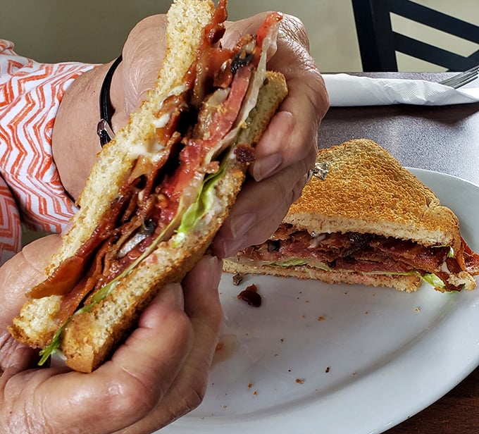 This isn't just a sandwich—it's architecture. Layers of savory goodness stacked between perfectly toasted bread that makes your standard lunch weep with inadequacy.