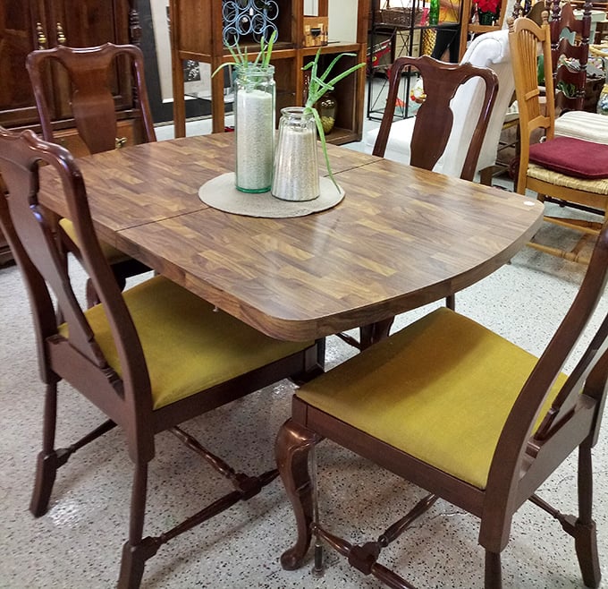 Mid-century dining elegance without the sticker shock. This wooden set has hosted countless family dinners and is ready for yours.