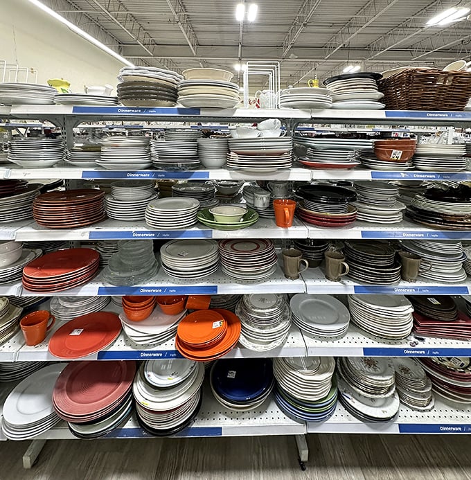 Stacks of plates in every color mean your dinner table never has to match—that's called eclectic.